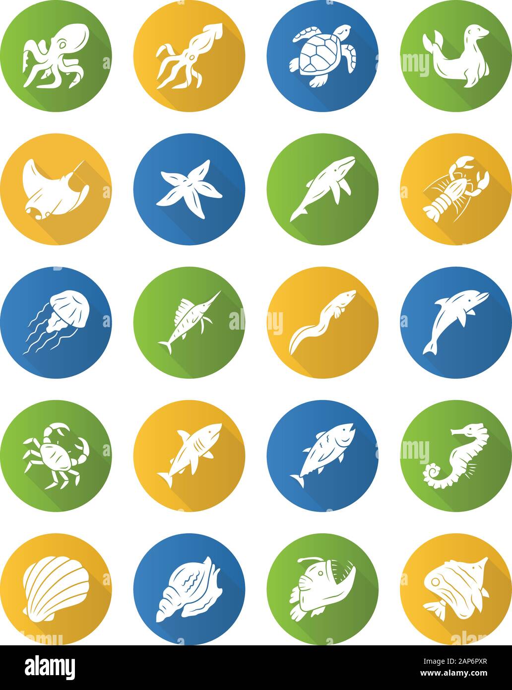 Sea animals flat design long shadow glyph icons set. Turtle, jellyfish ...