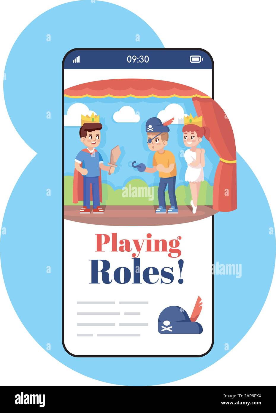 Playing roles smartphone app screen. Mobile phone display with cartoon ...