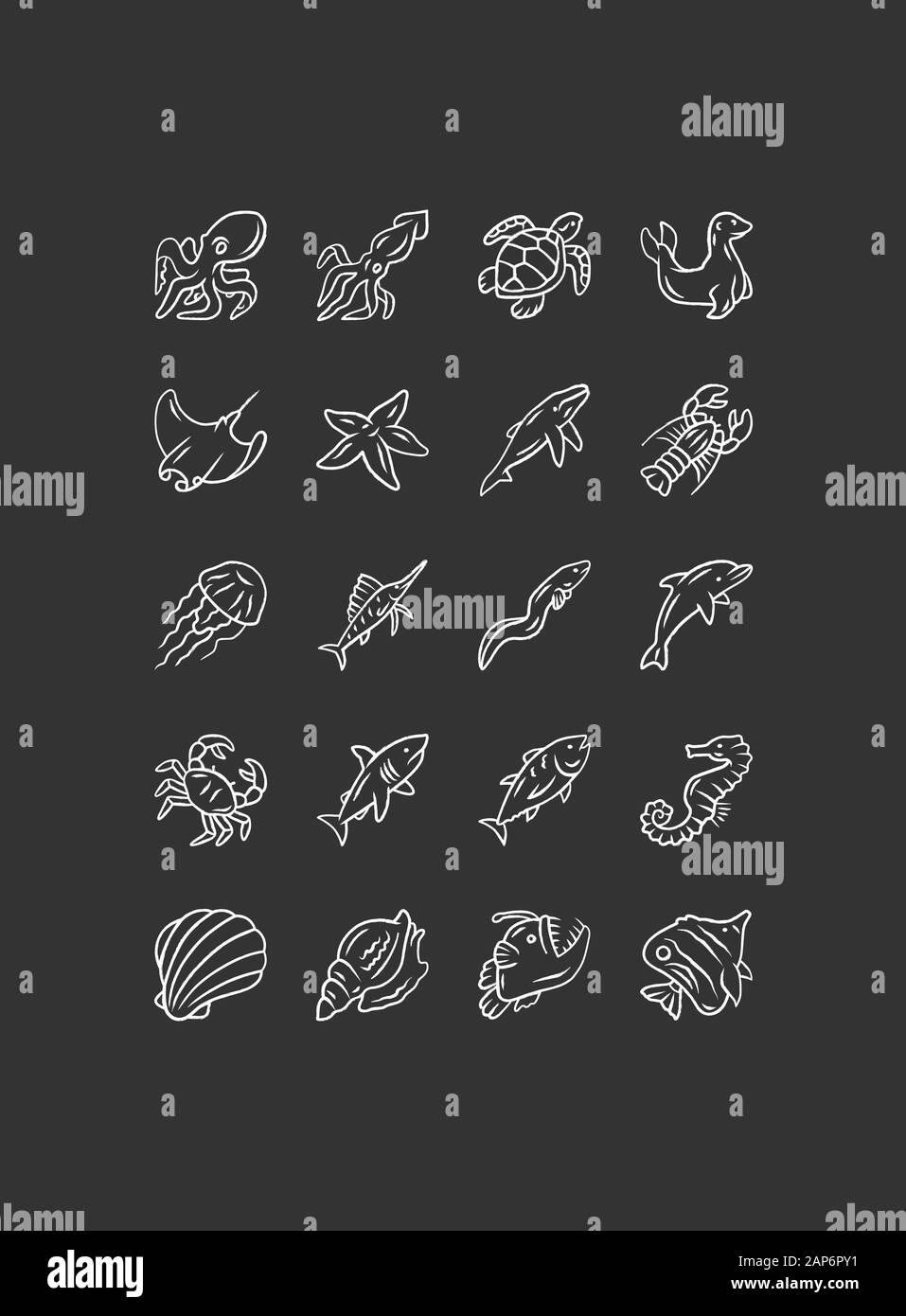 Sea animals chalk icons set. Turtle, jellyfish, lobster, butterflyfish ...