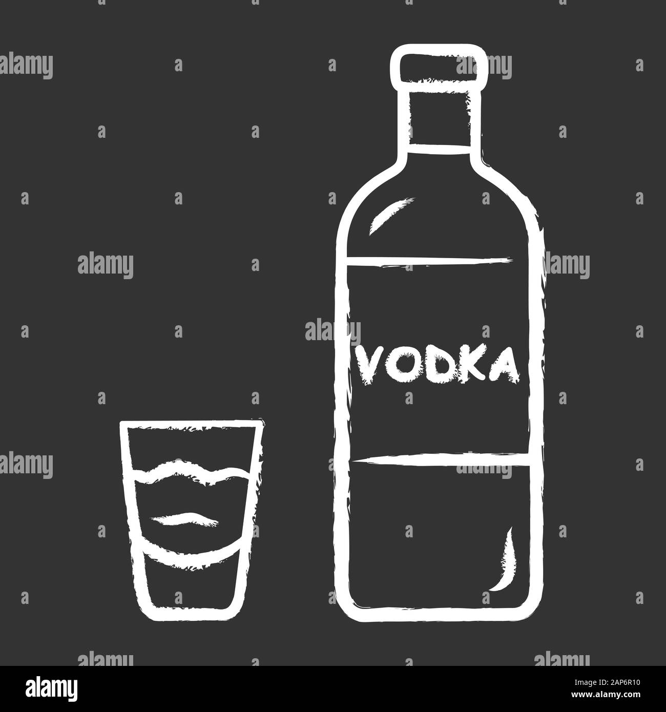 Vodka chalk icon. Bottle and shot glass with drink. Clear distilled ...