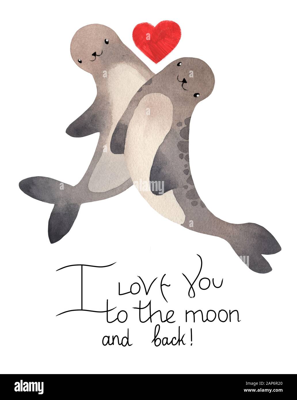 Valentine's Day template. Love and couple relationship watercolor illustration with cute seals ...