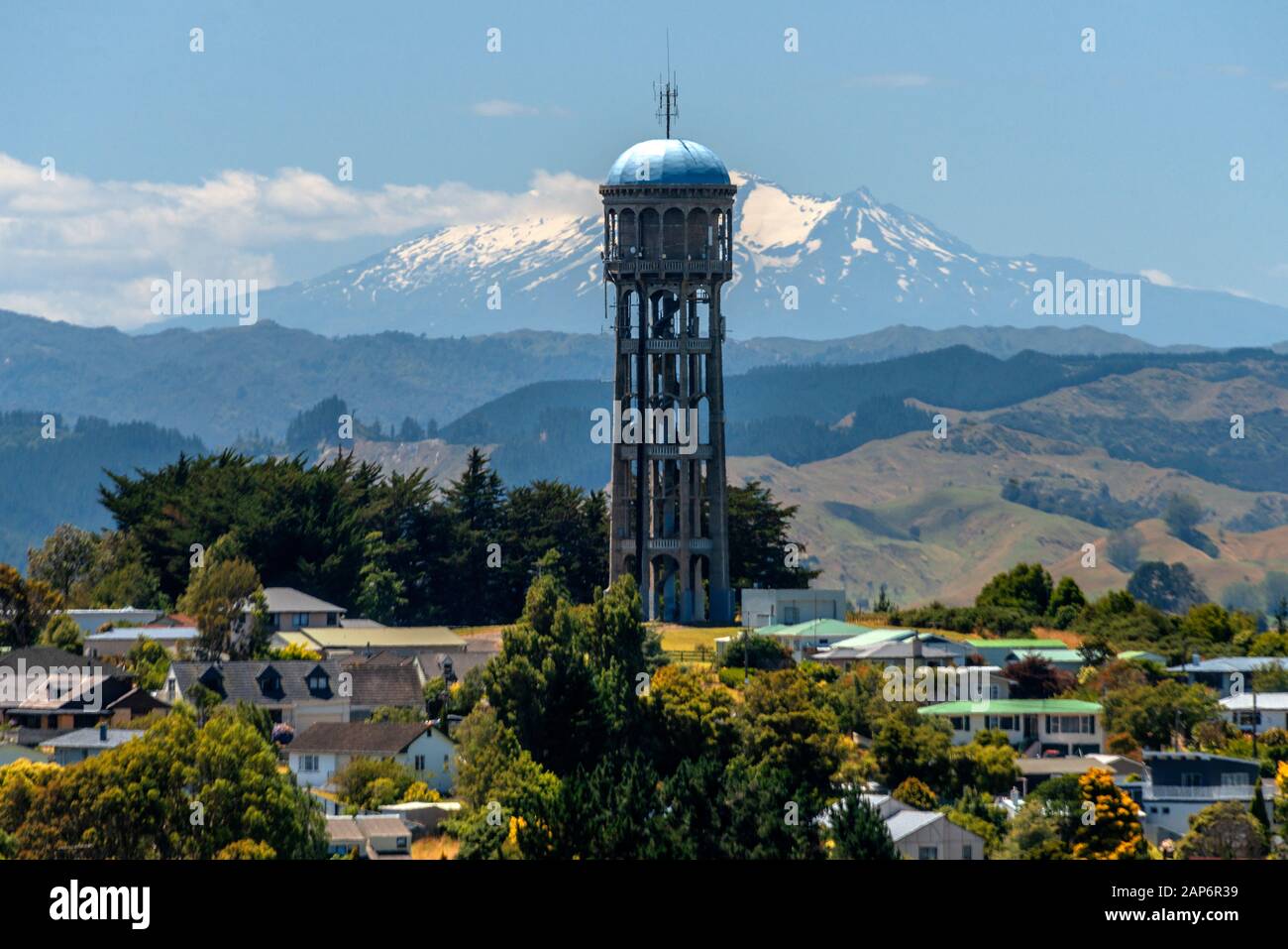 The old Bastia water tower in Whanganui New Zealand, with snow covered ...