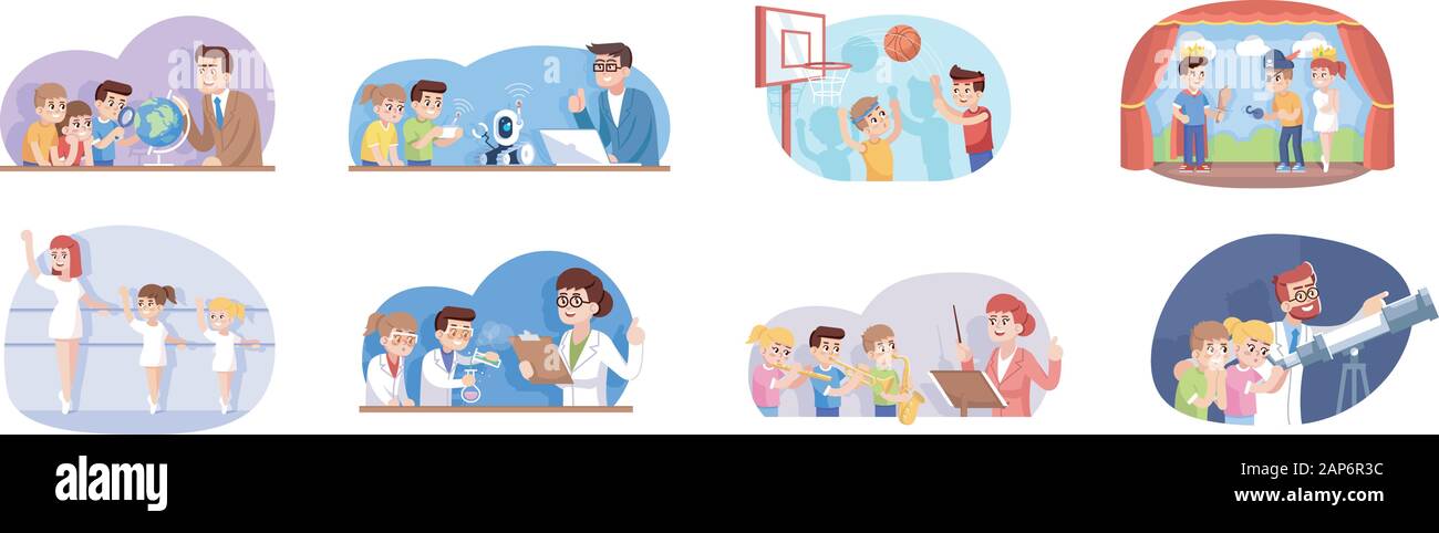 After school flat vector illustrations set. Interest classes for ...