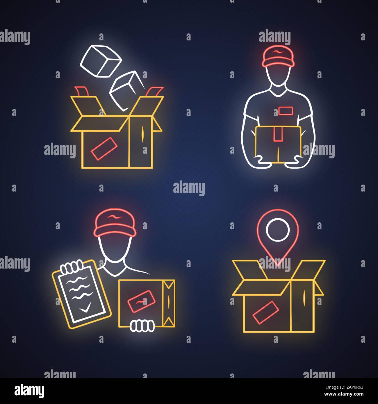 Delivery neon light icons set. Parcel packing, deliveryman, order ...