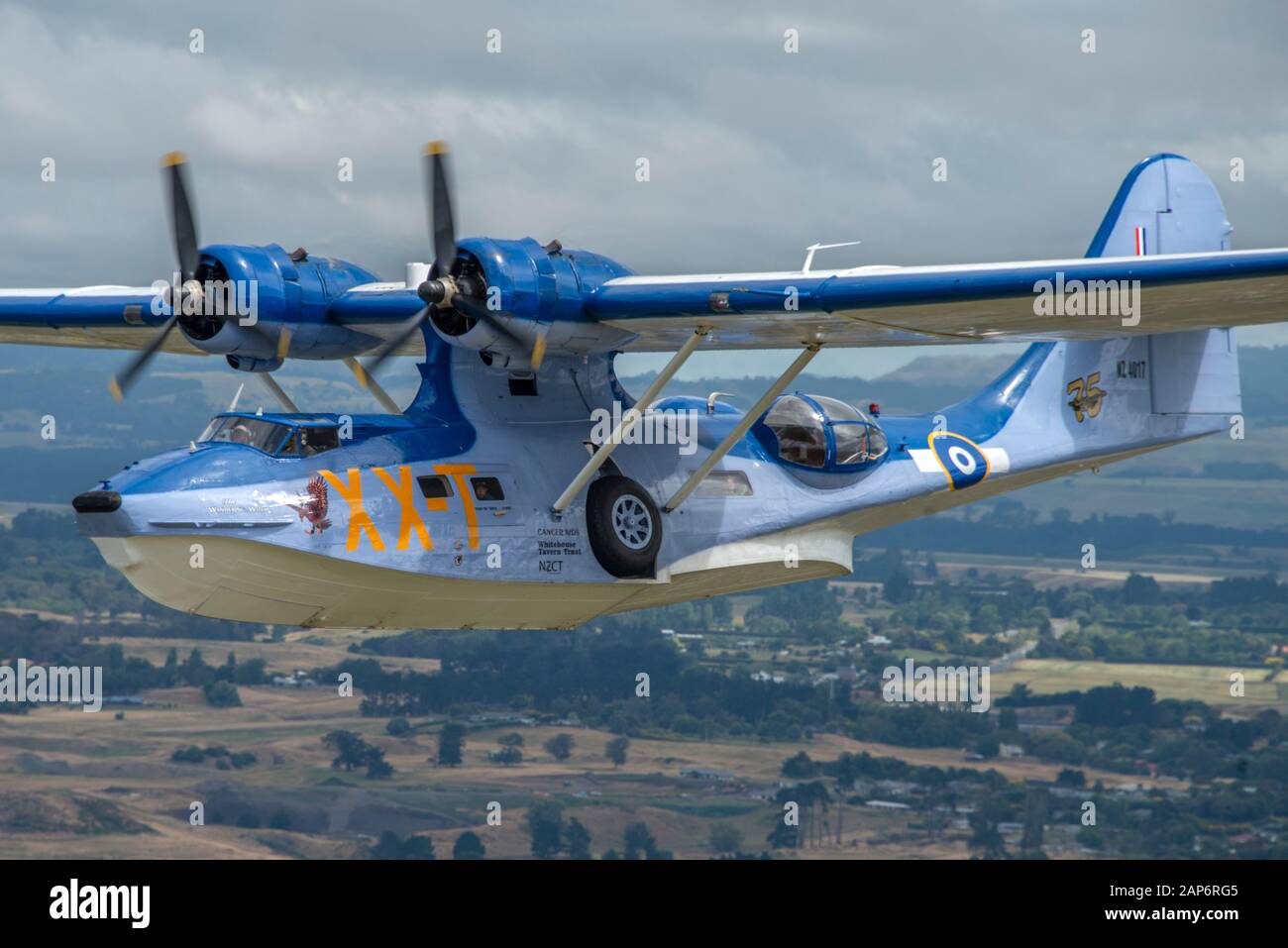 WWII Consolidated PBY-5A Catalina in New Zealand Air Force colours, photographed over Whanganui ...
