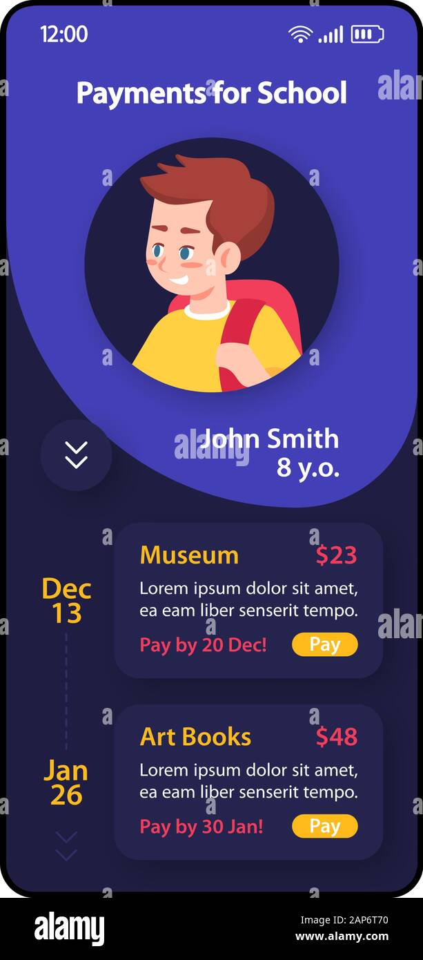 Payments for school smartphone interface vector template. Mobile app ...