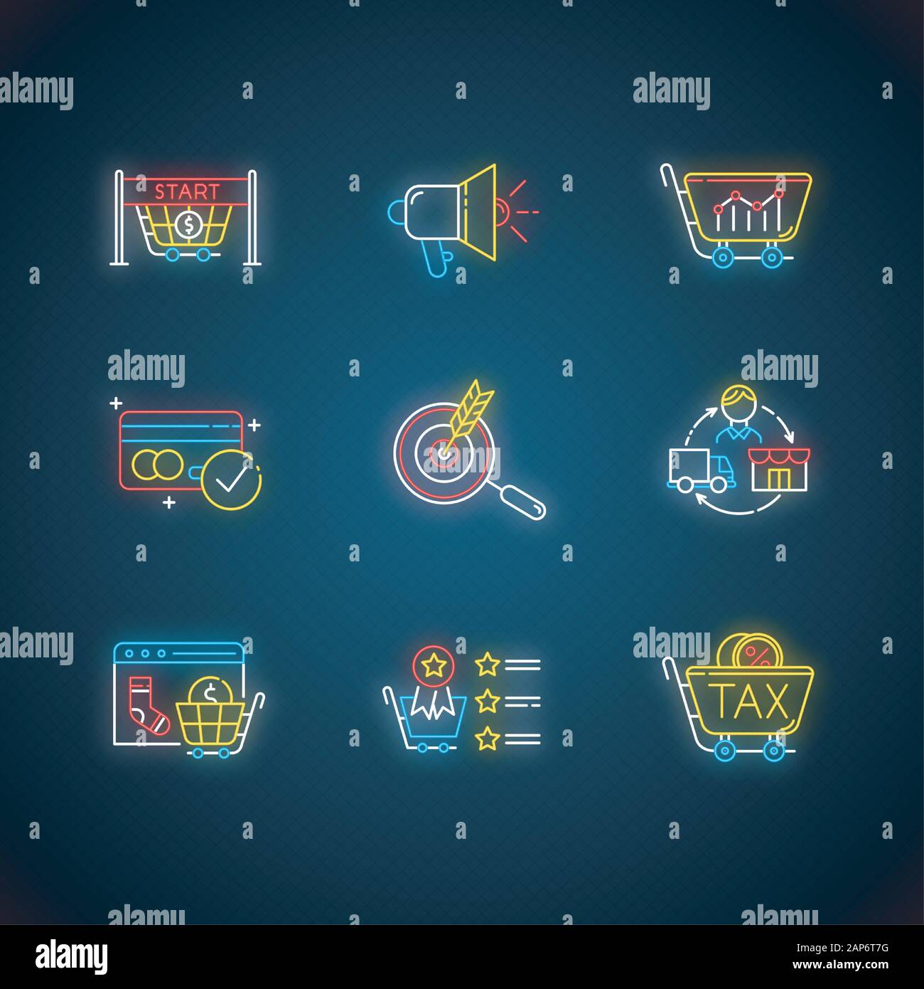 E commerce seller neon light icons set. Online shopping. Internet ...