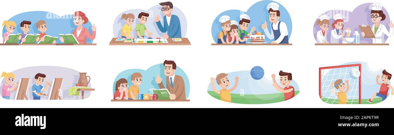 After school flat vector illustrations set. Extracurricular activities ...