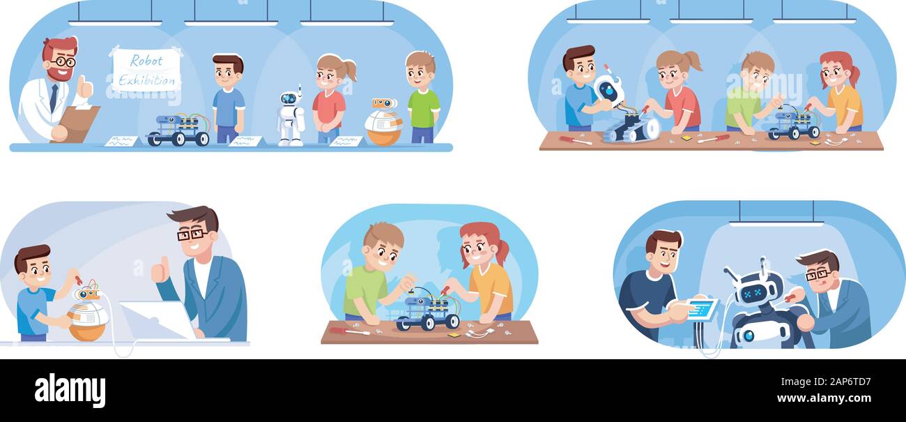 Robotics courses flat vector illustrations set. Creation of electronic mechanisms. Designing and ...