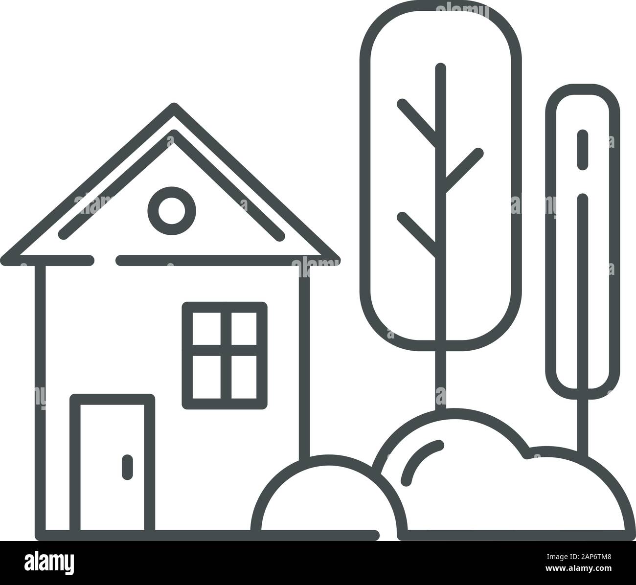 Small house with garden linear icon. One storey village and yard ...