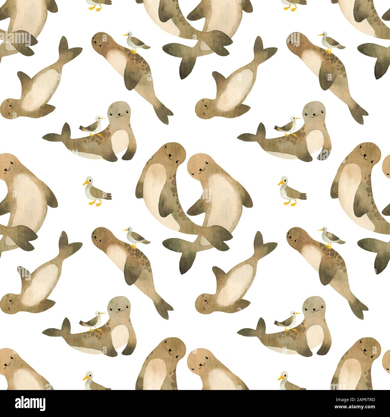 Seamless pattern. Watercolor illustration with cute seal on white ...