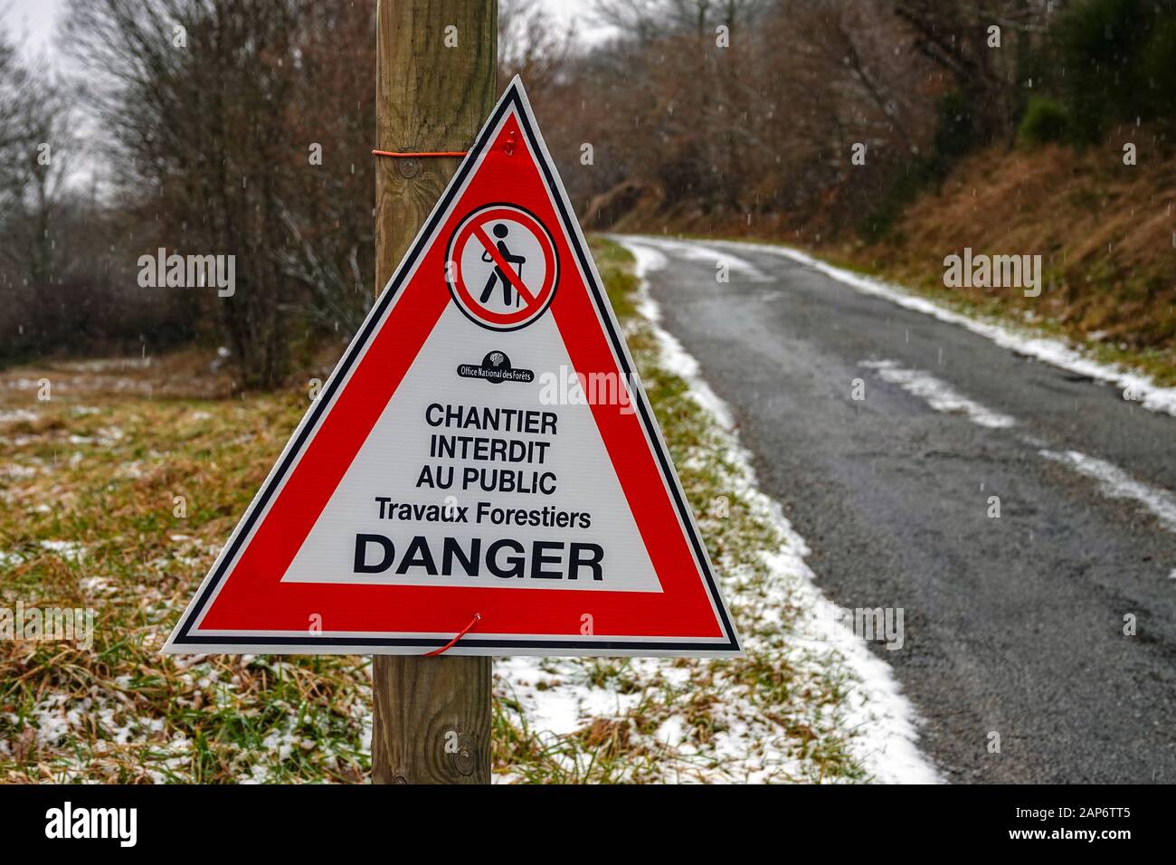 Danger sign, signage, warning, forest workers, Ariege, French Pyrenees ...