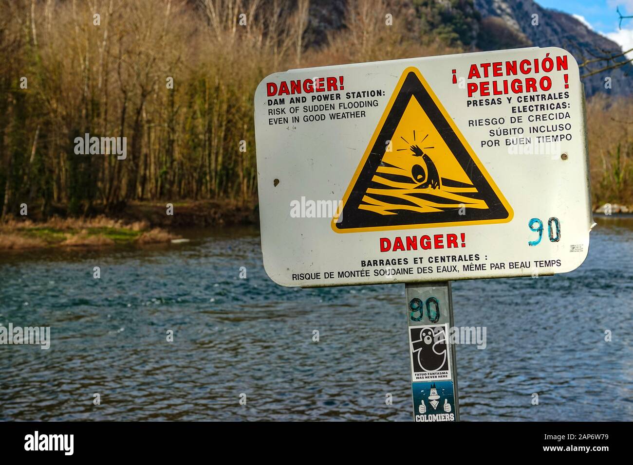 Danger sign, by river signage, warning, Ariege, French Pyrenees, France ...