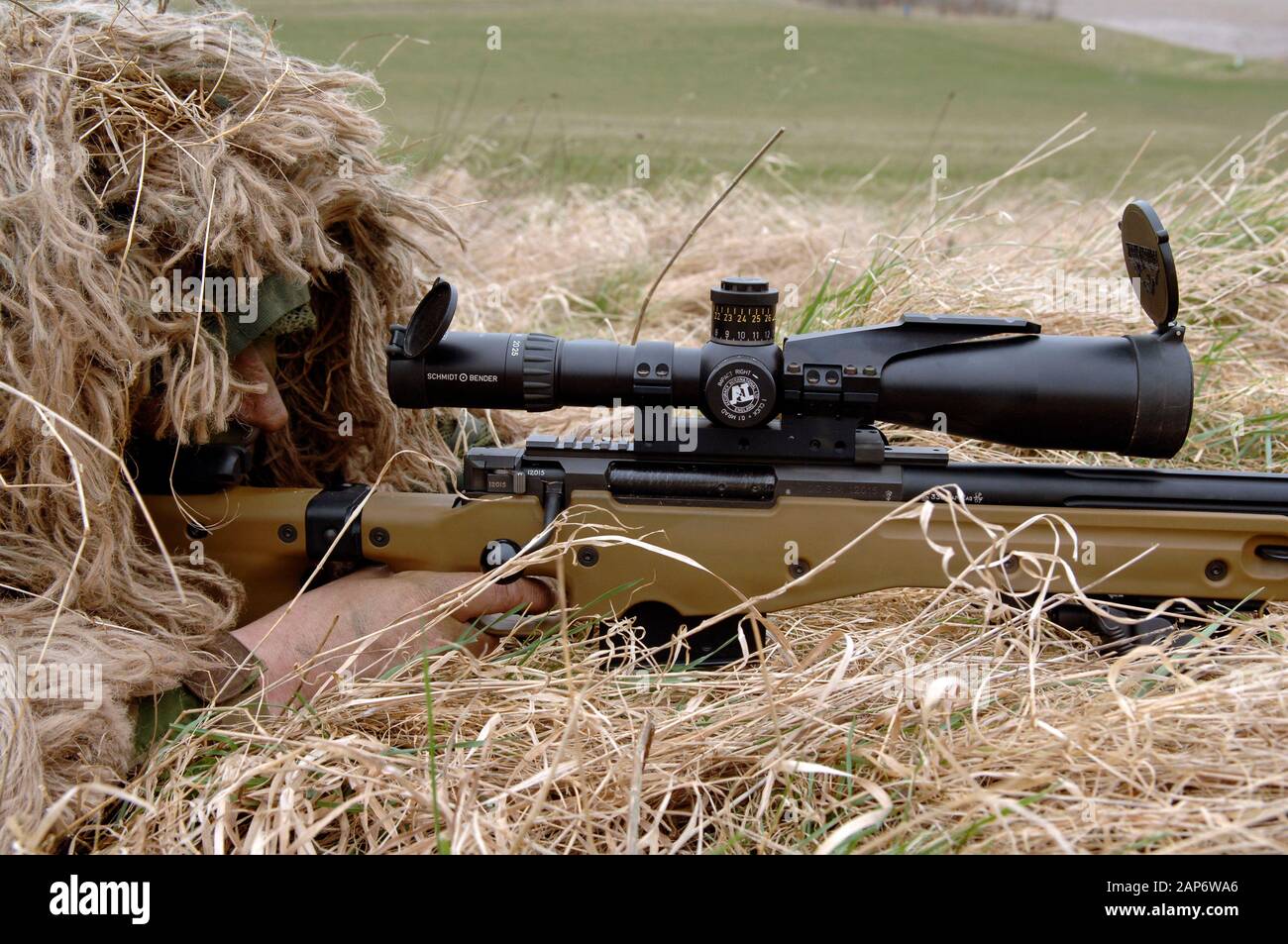 British Infantryman with a long range sniper rifle L115A3 which has a ...