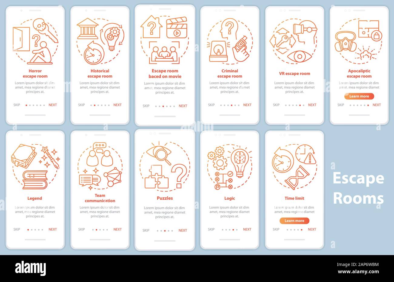 Escape room onboarding mobile app page screen set with linear concepts ...