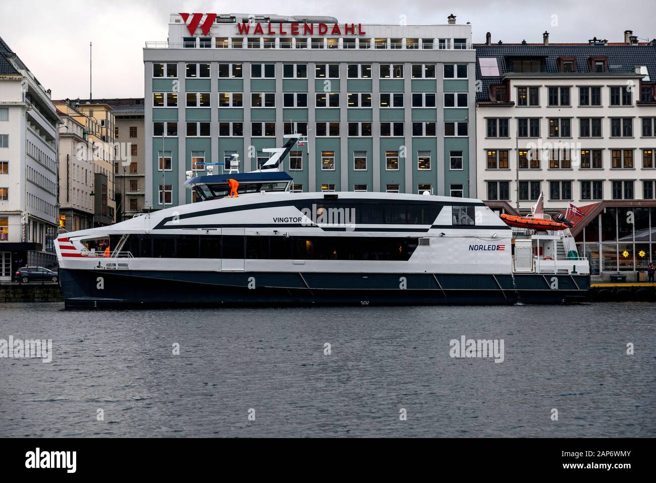 High speed passenger catamaran Vingtor alongside Strandkaien quay in ...