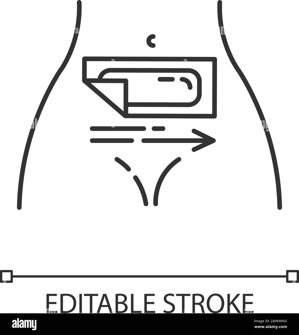 Belly waxing linear icon. Female hair removal procedure. Depilation with natural soft, cold wax ...