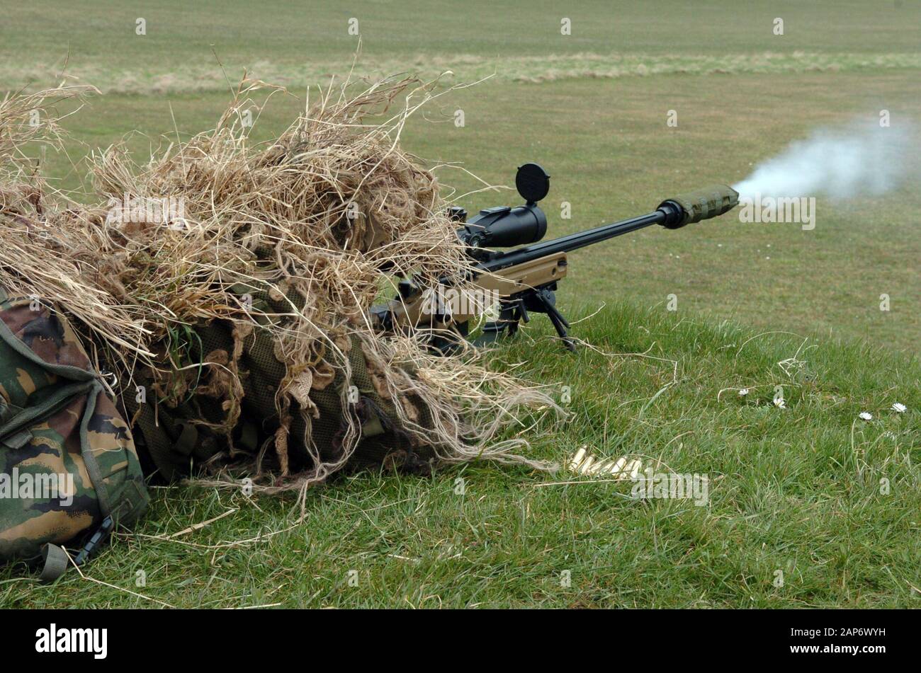 British Infantryman with a long range sniper rifle L115A3 which has a ...