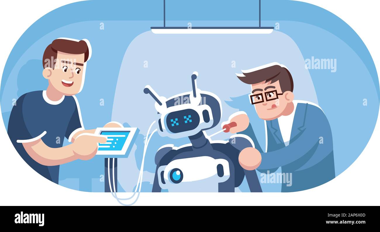 Engineers creating robot flat vector illustration. Robotics courses. Two students constructing ...