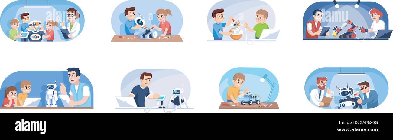 Robotics courses flat vector illustrations set. Robots designing ...