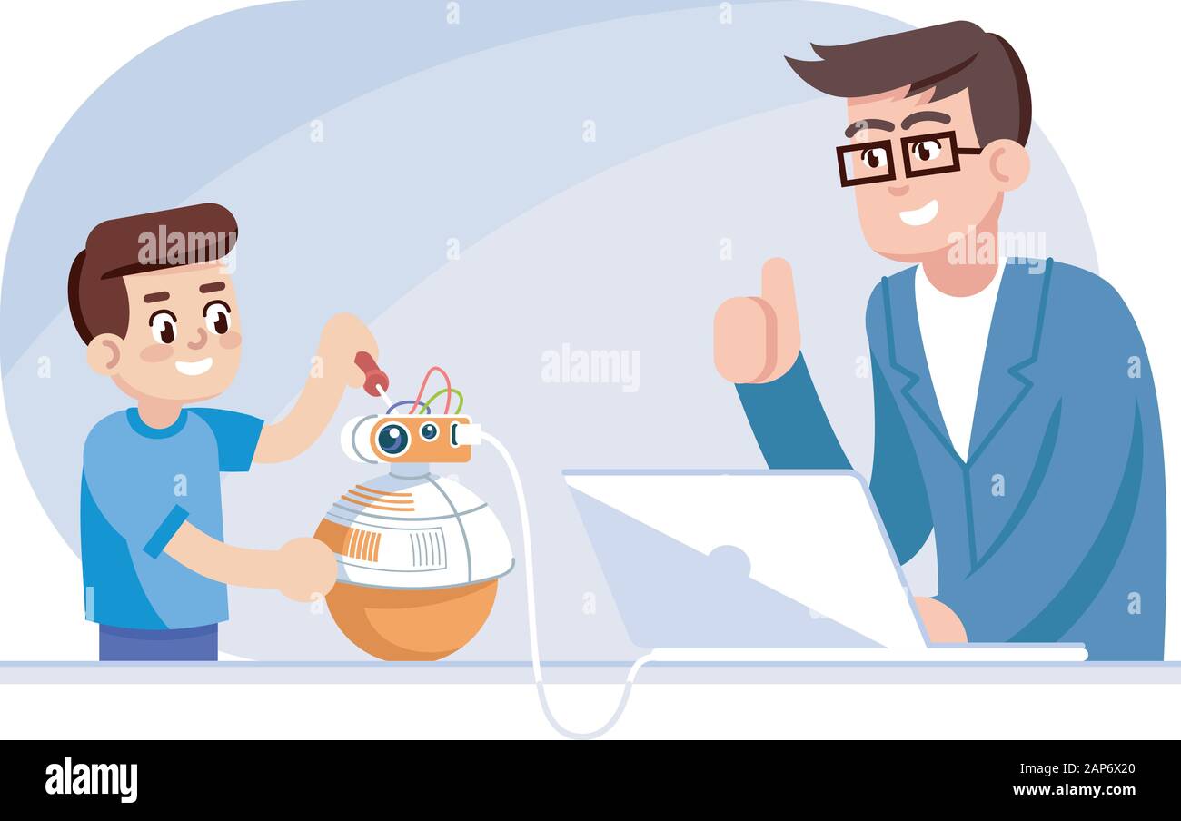 Robotics class for children flat vector illustration. Father and son ...