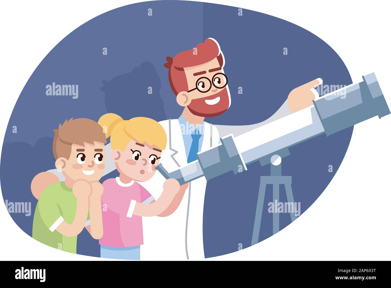 Astronomical classes for children flat vector illustration. Excursion ...