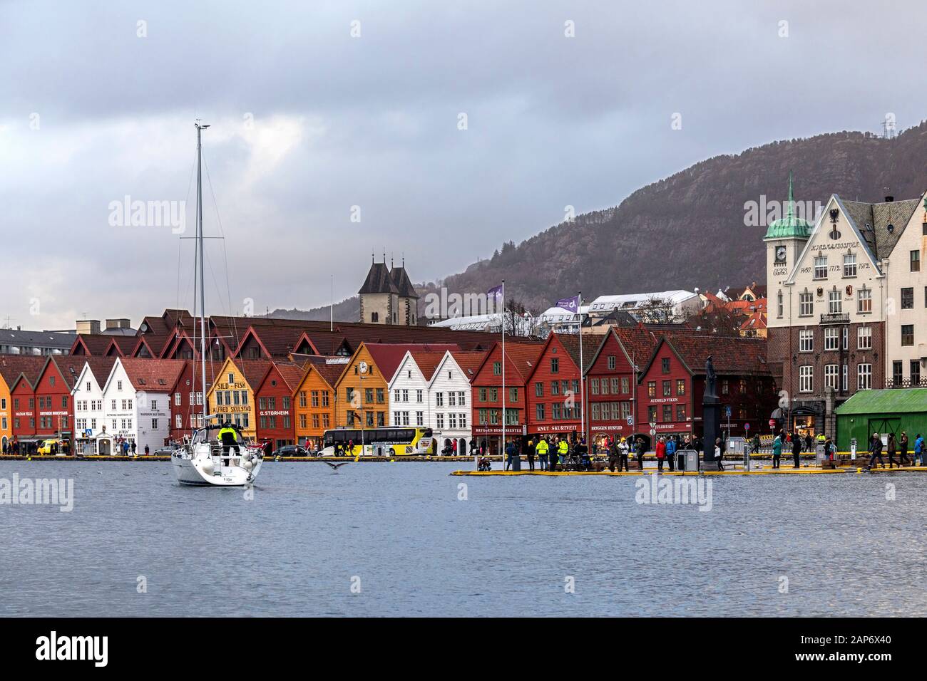 Port of Bergen, Norway. A day with exceptional high tide. Lot of people ...