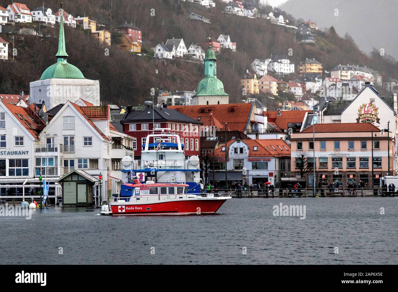 Port of Bergen, Norway. A day with exceptional high tide. Red Cross SAR ...
