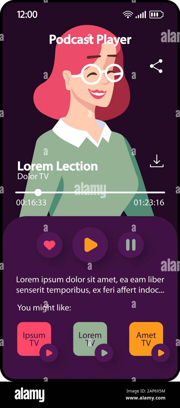 Podcast player smartphone interface vector template. Mobile app page ...