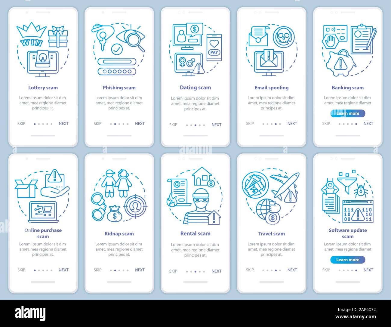 Scam types onboarding mobile app page screen vector template ...