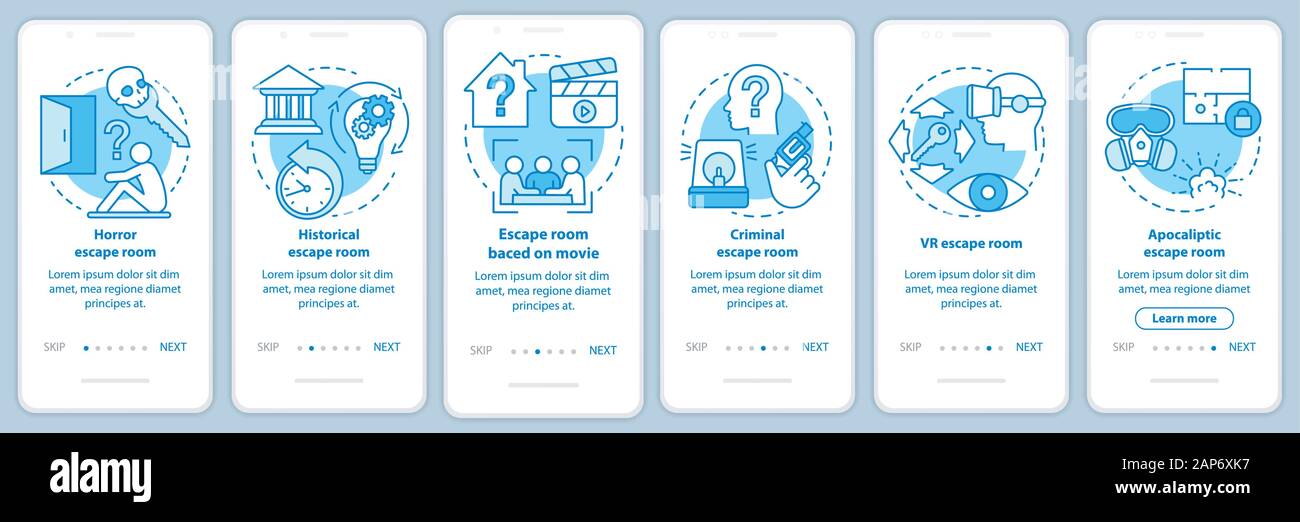 Escape room types turquoise onboarding mobile app page screen with ...