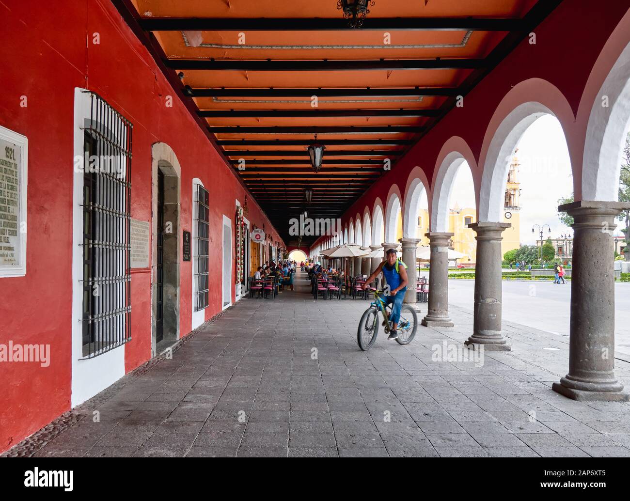 San Pedro Cholula, Mexico, October 17, 2018 - Porch with colonnade of ...