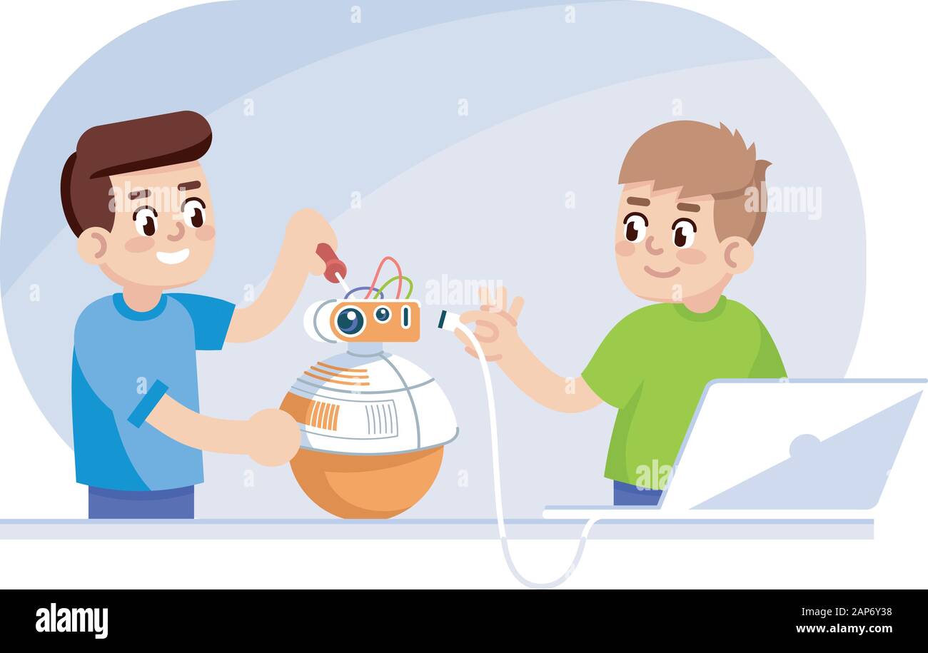 Boys creating robot flat vector illustration. Designing and programming ...
