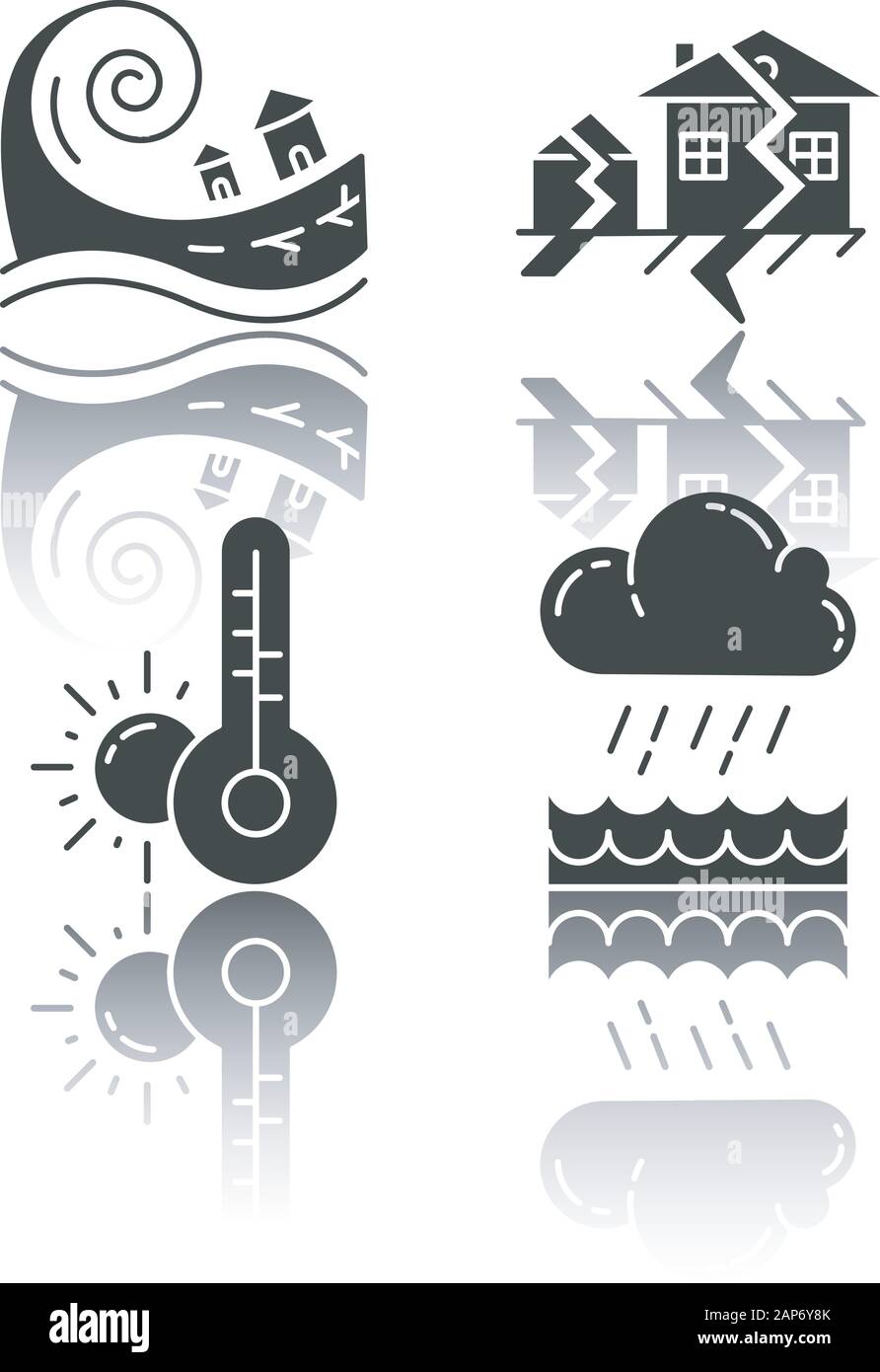 Natural disaster drop shadow black glyph icons set. Geological and ...