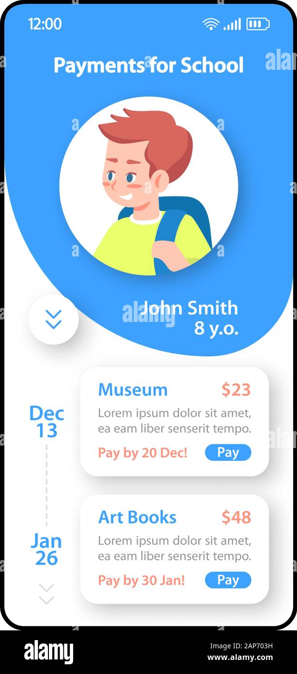Payments for school smartphone interface vector template. Mobile app ...