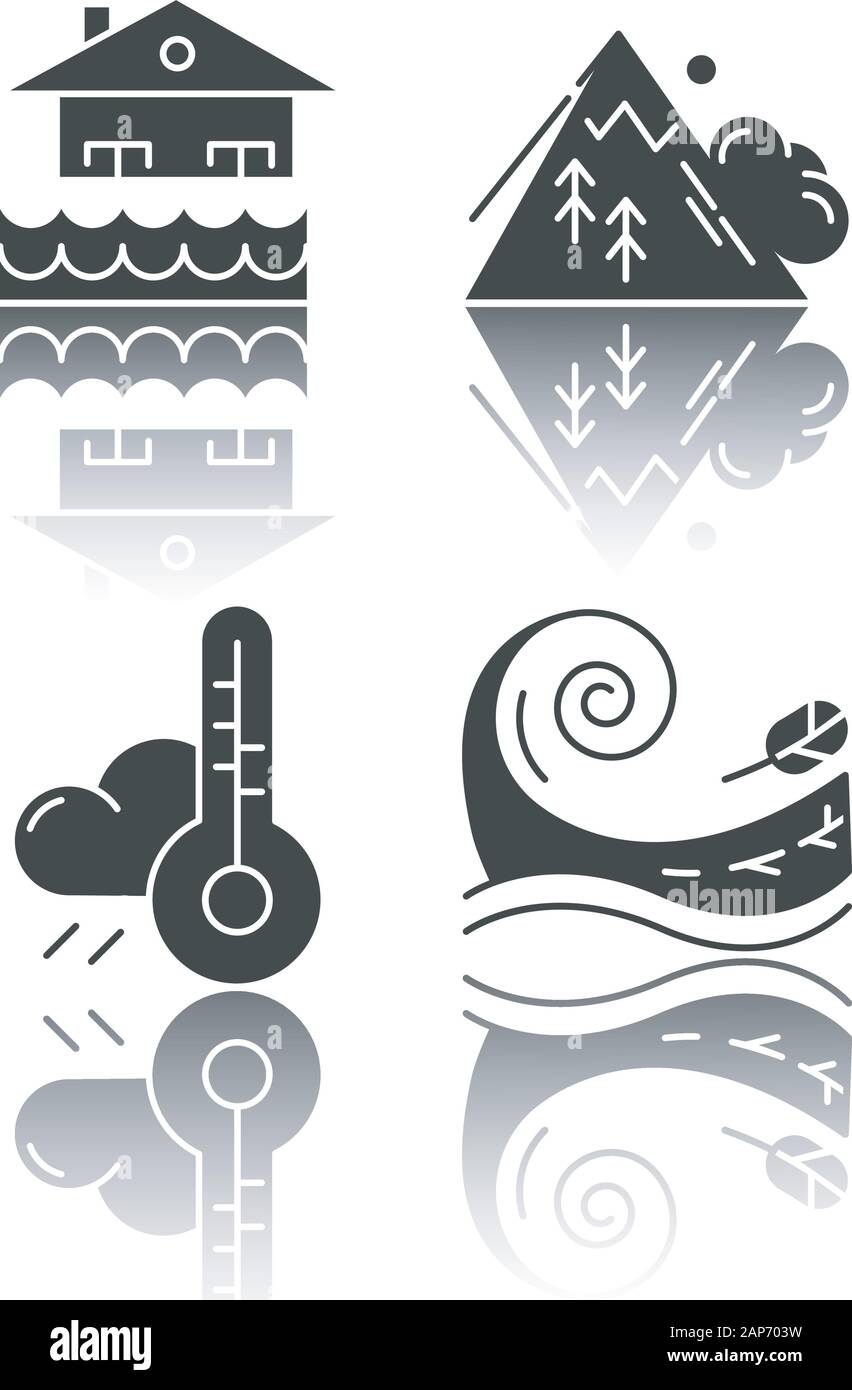 Natural disaster drop shadow black glyph icons set. Geological and ...
