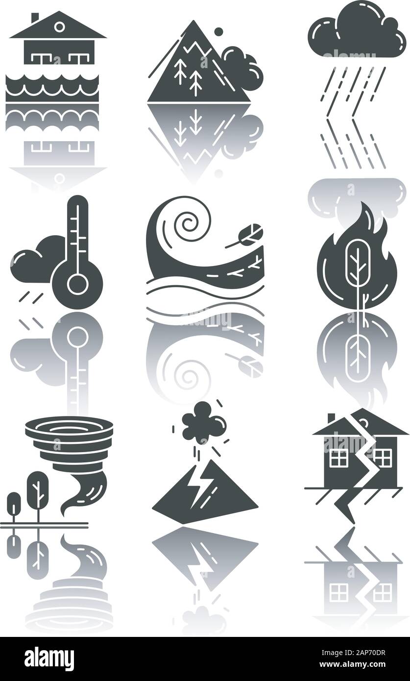 Natural disaster drop shadow black glyph icons set. ?atastrophes ...