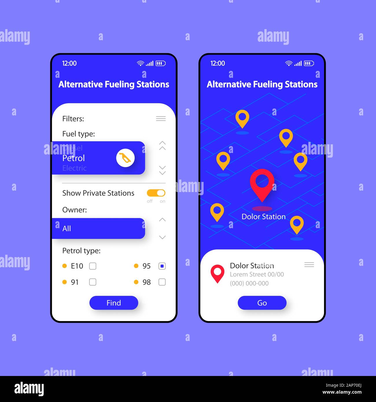 Alternative Fueling Stations Smartphone Interface Vector Template Set