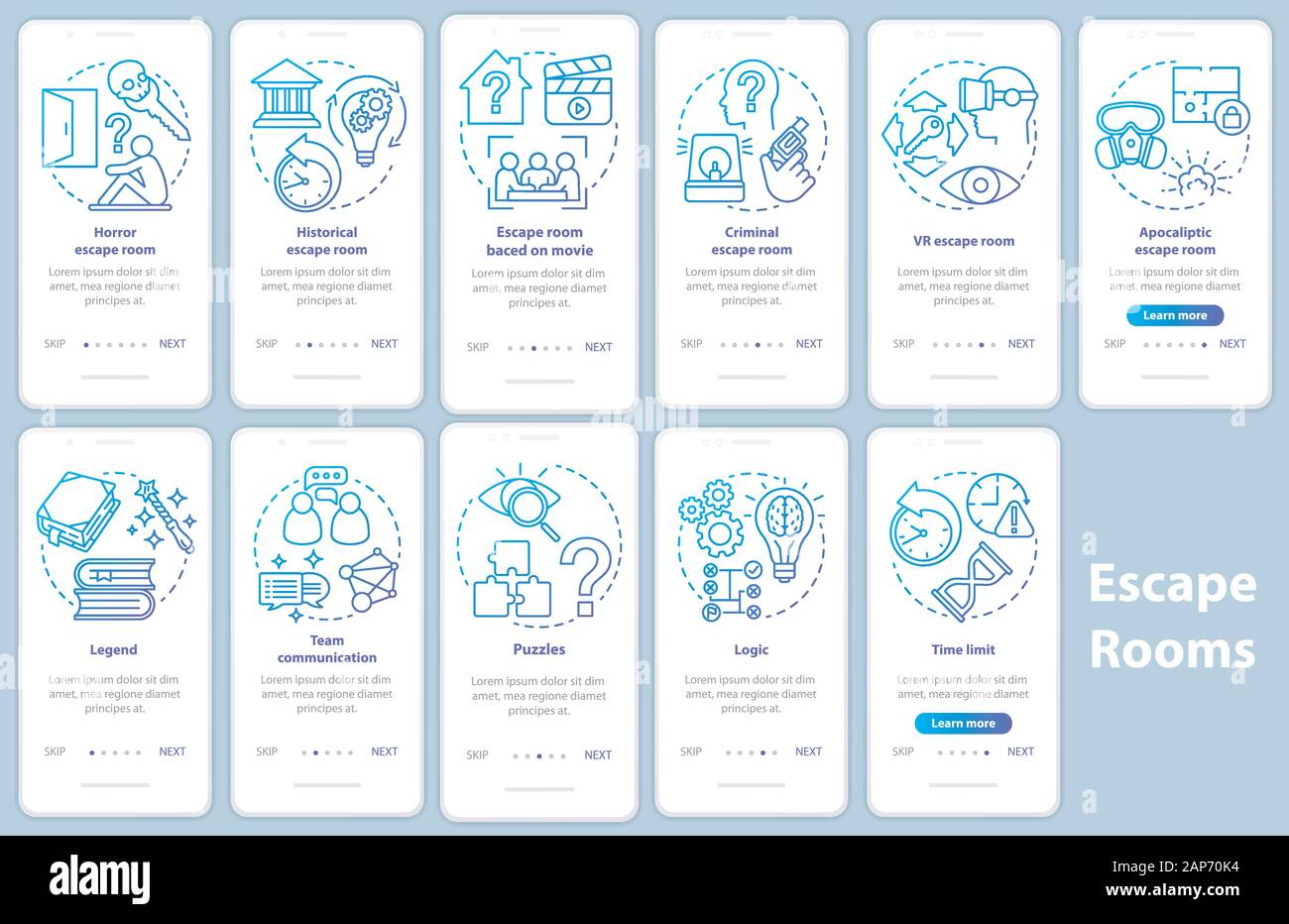 Escape Room Onboarding Mobile App Page Screen Set With Linear Concepts