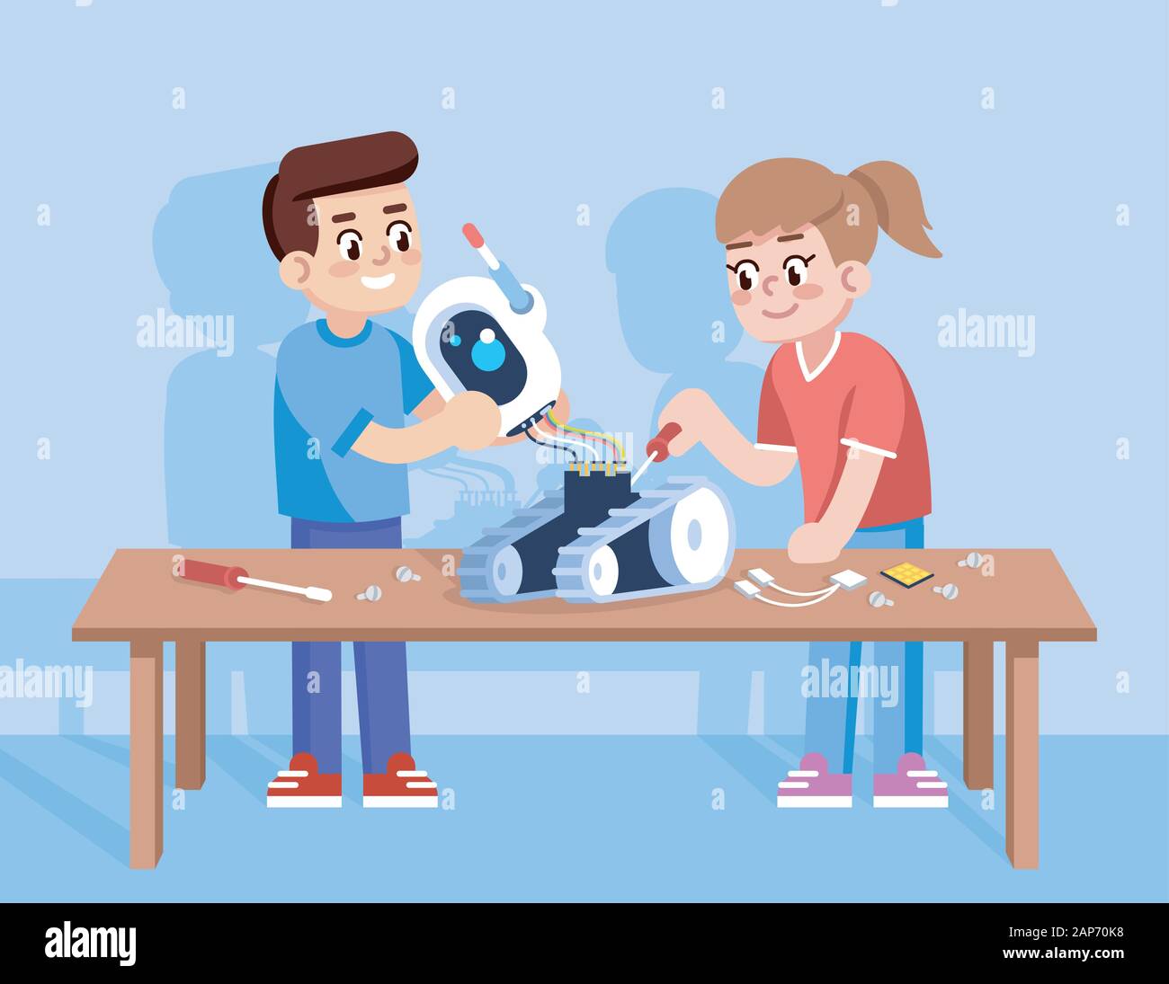 Boy and girl assemble robot flat vector illustration. Electronic ...