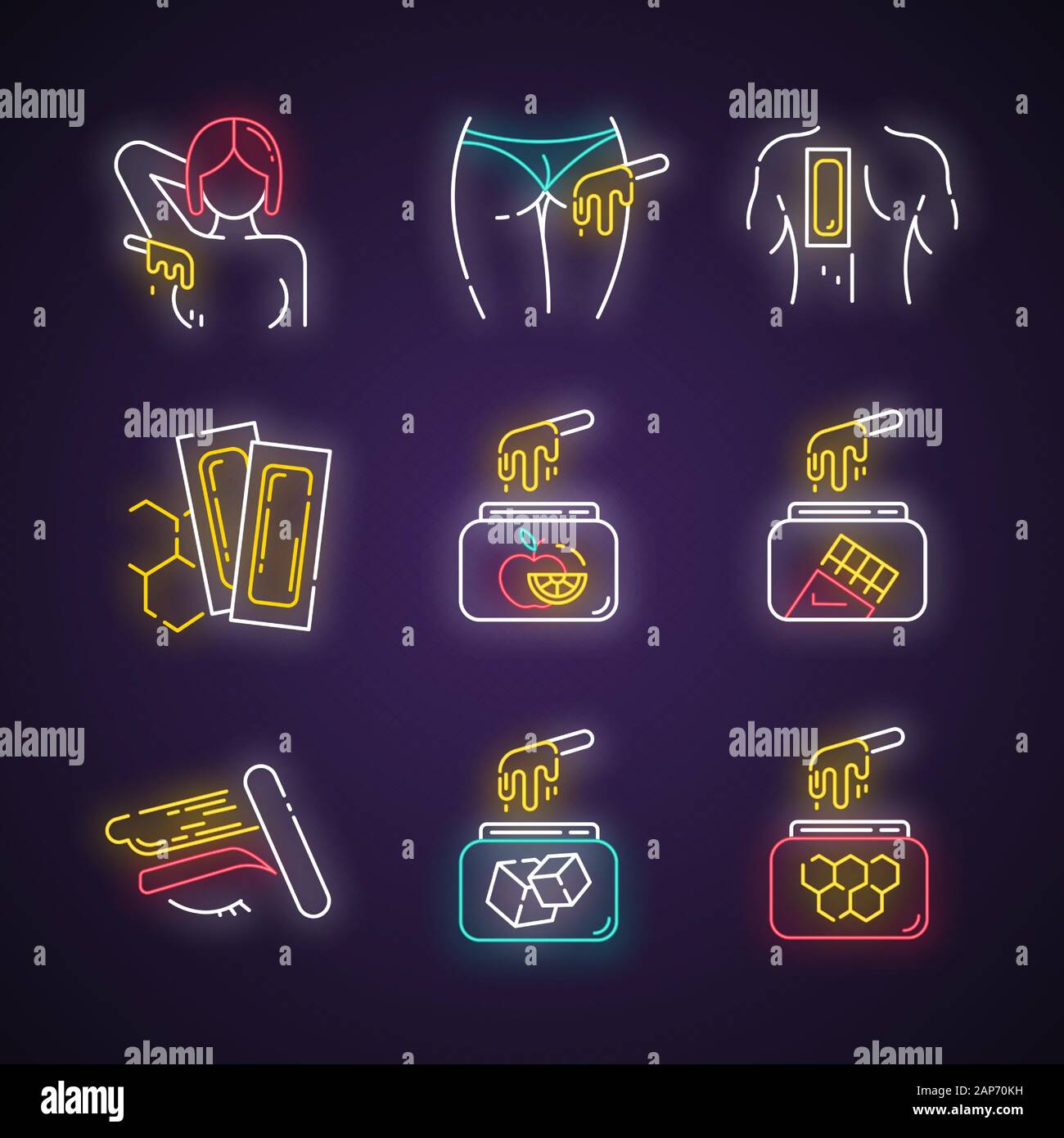 Waxing neon light icons set. Armpit, buttocks, back, brow hair removal ...