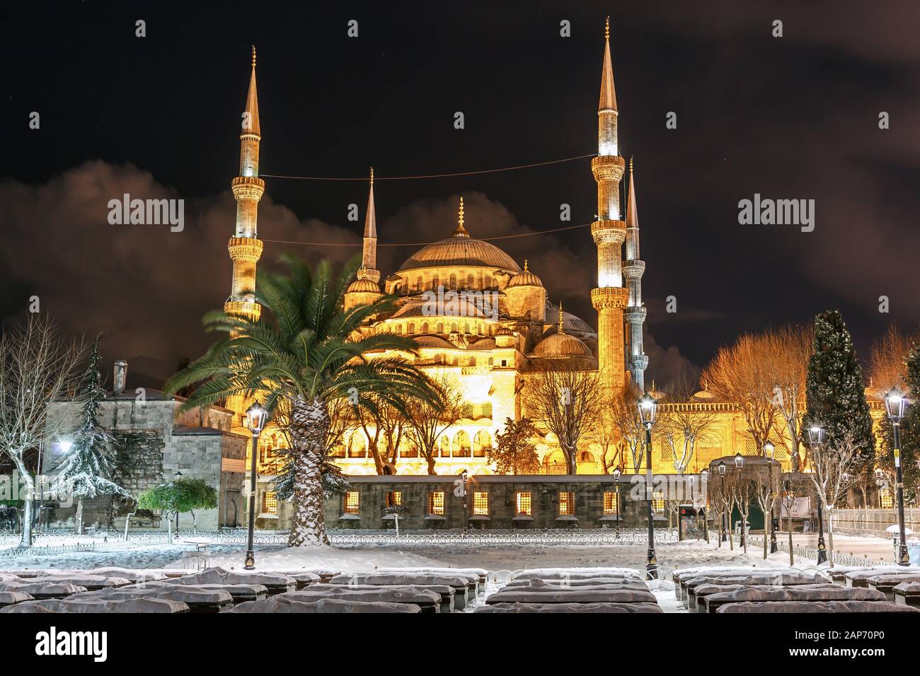 View of Blue Mosque in a snowy winter night in Istanbul Turkey Stock ...