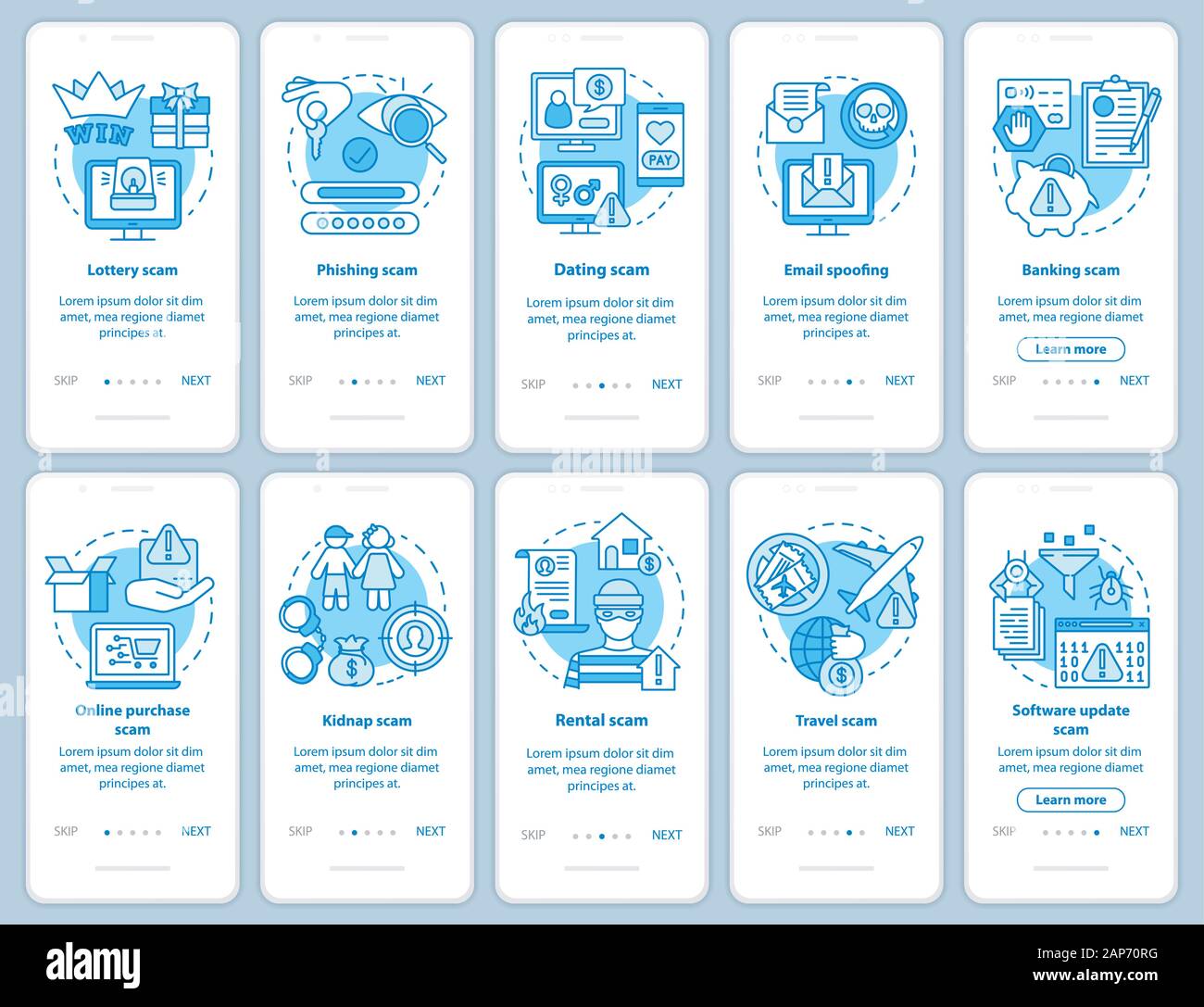 Scam types onboarding mobile app page screen with linear concepts ...