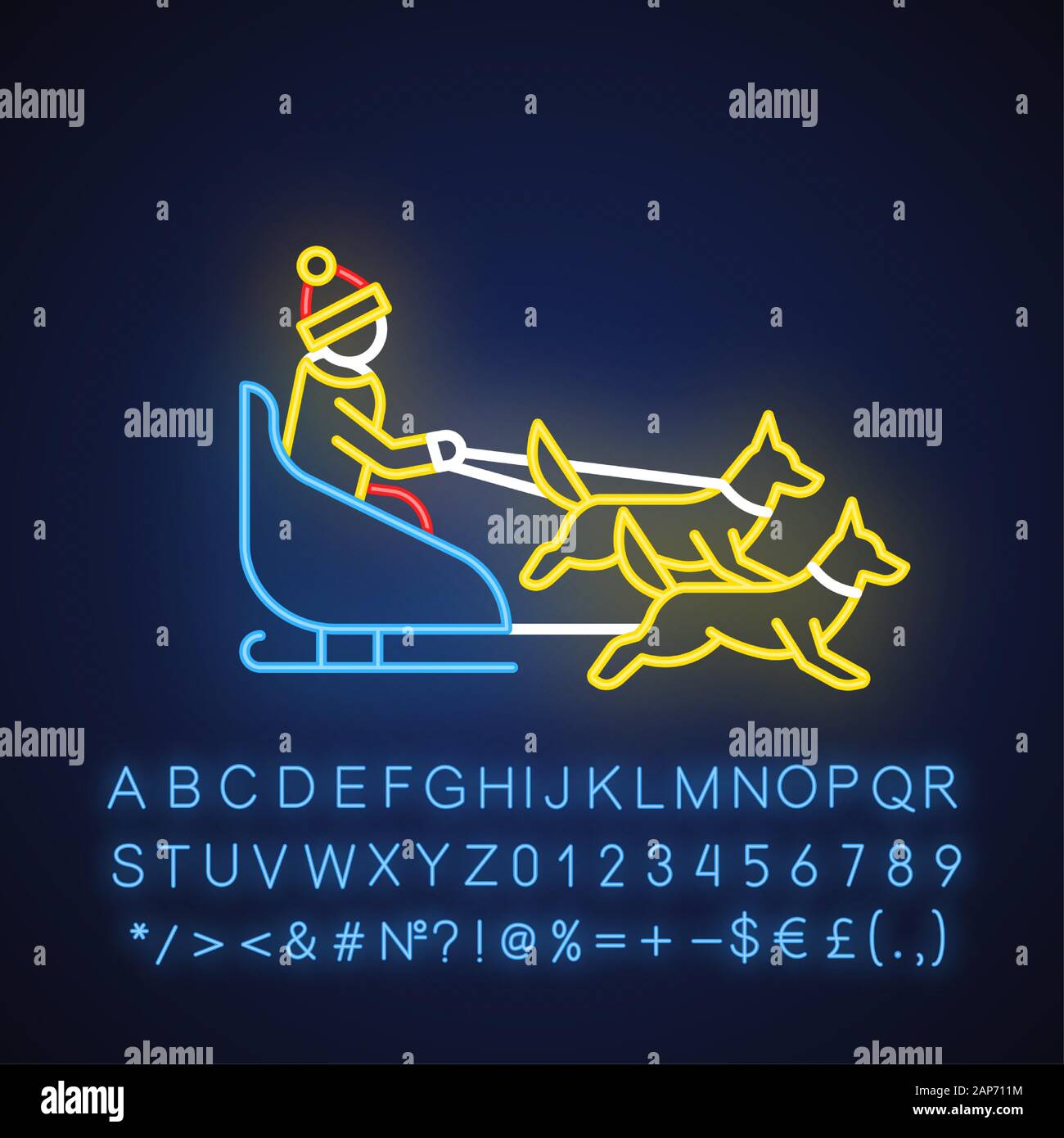 Dog sledding neon light icon. Winter extreme sport, risky activity and ...