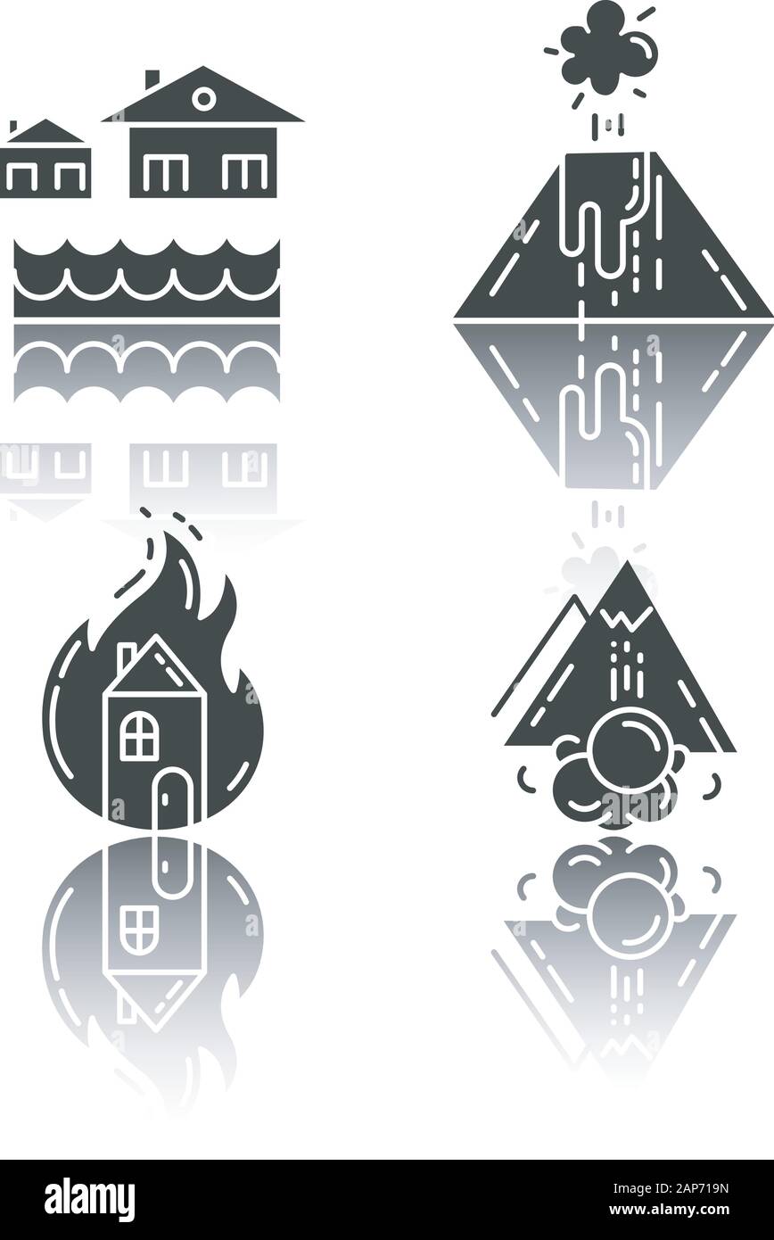 Natural disaster drop shadow black glyph icons set. Destructive force ...