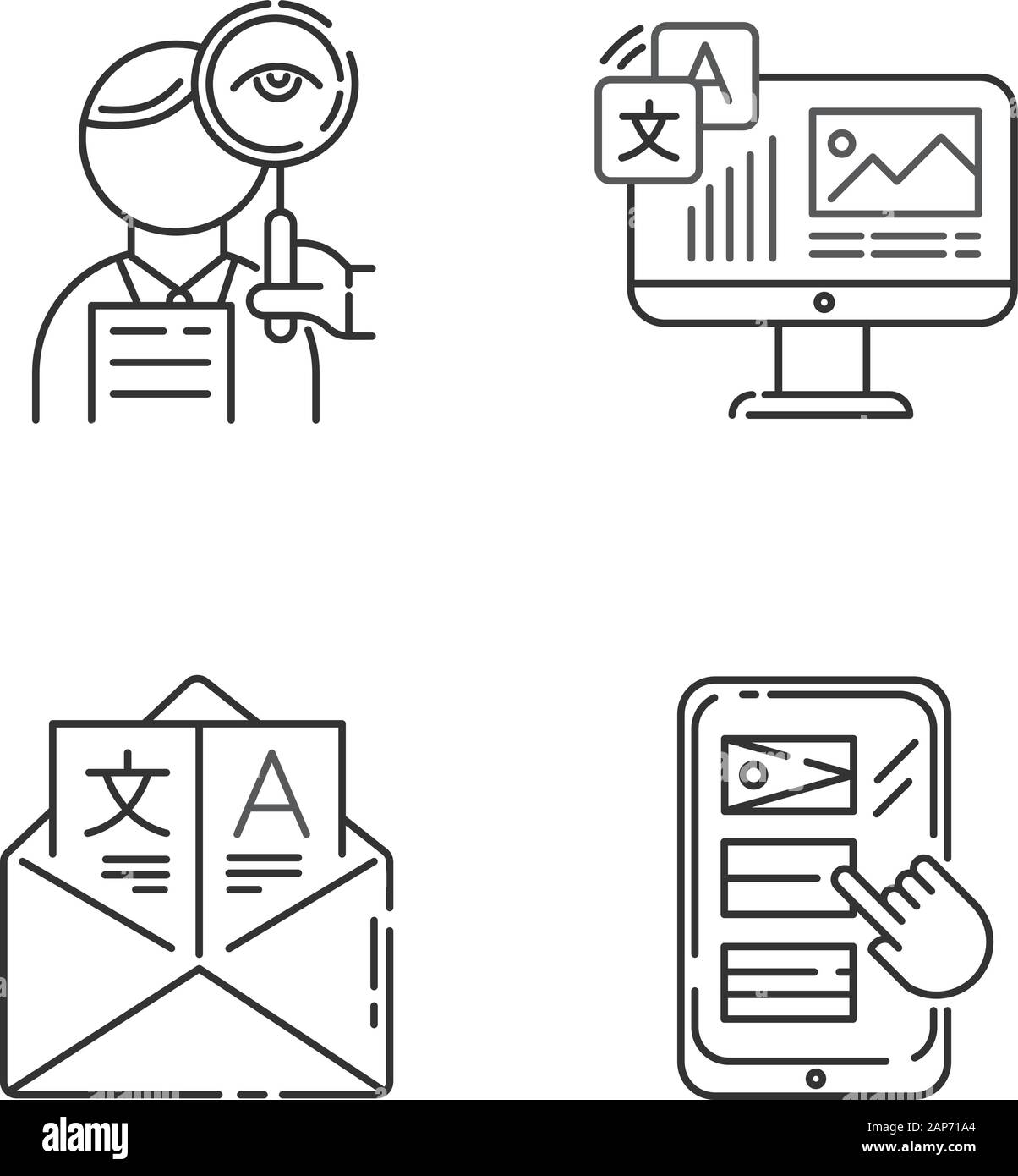 Translation linear icons set. Proofreading, website localization ...