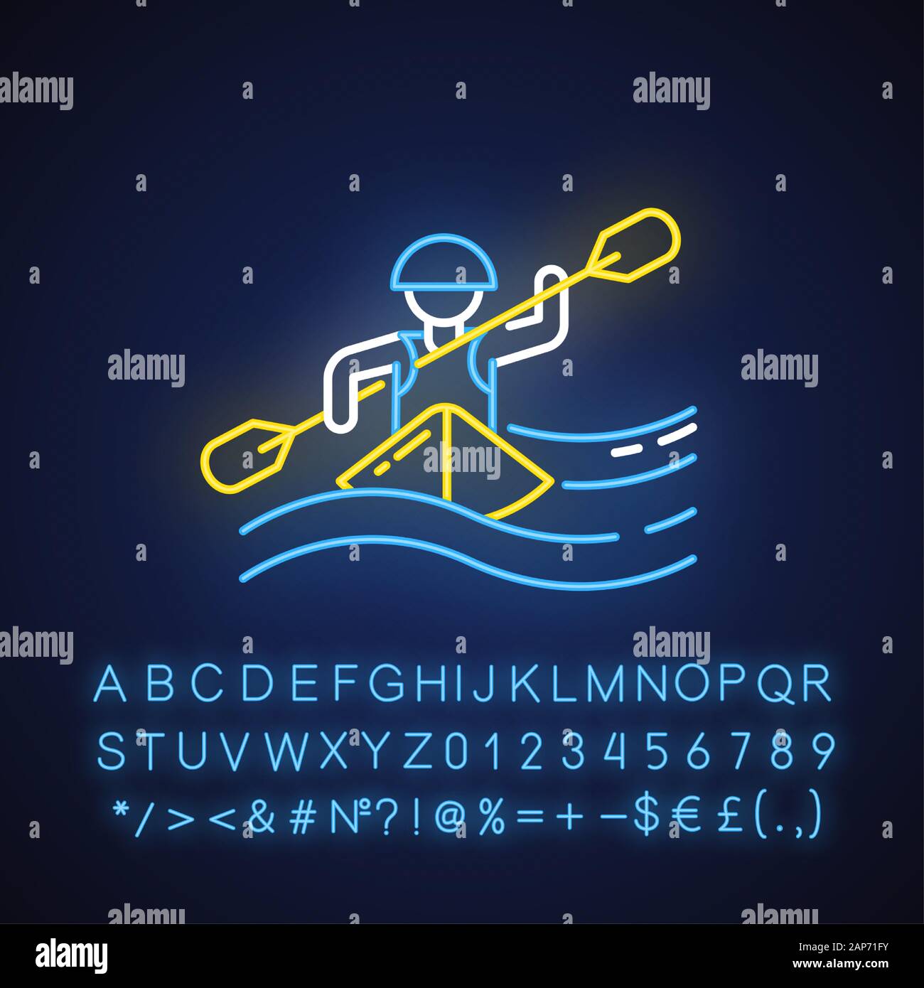 Kayaking neon light icon. Canoeing watersport, extreme kind of sport ...