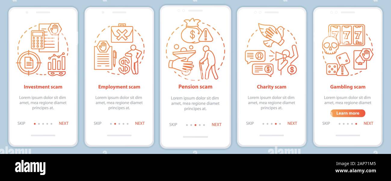 Scam types onboarding mobile app page screen vector template ...