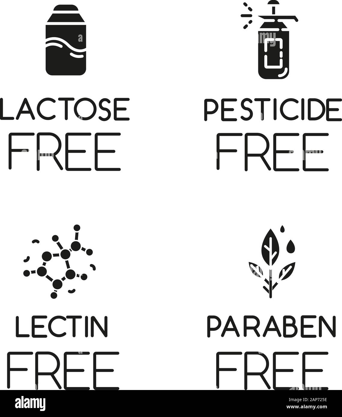 Product free ingredient glyph icons set. No lactose, pesticide, lectin ...