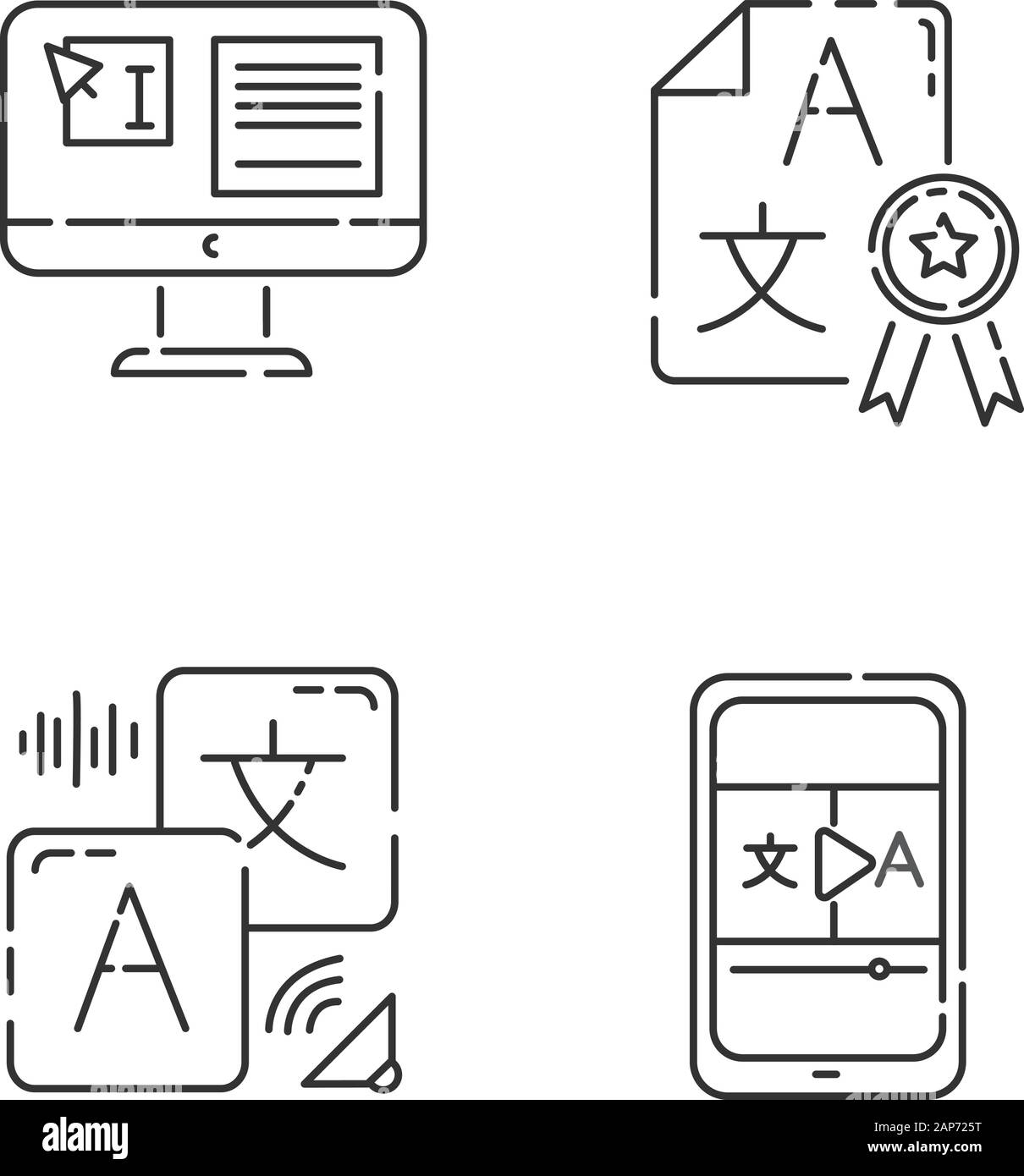 Machine translation linear icons set. Audio and video translator. Text ...